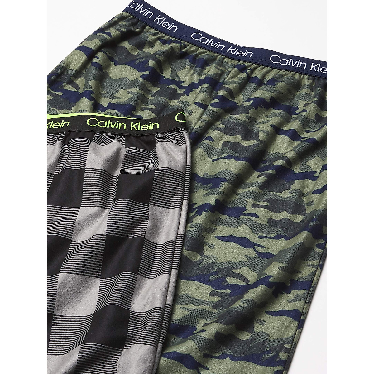Calvin Klein Boys' Super Soft Pajama Pants, 2-Pack, Cozy Sleepwear for Kids, Green Camo/Black Plaid, Medium