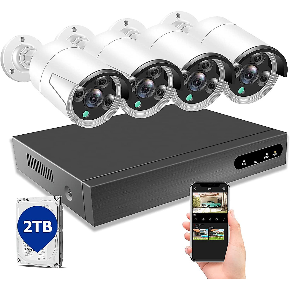 GT HITGX 5MP POE Security Camera System, Home NVR Camera System 4pcs Wired 5MP Outdoor IP Cameras, with 2TB HDD for 24-7 Recording, H.265 + NVR Security Camera with Night Vision, with Audio