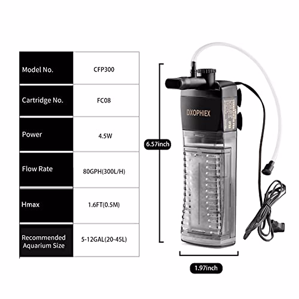 DXOPHIEX Internal Filter for Aquarium, Submersible Aquarium Filter for 5-12gallon Fish Tank and Turtle Tank with Triangle Shape Design Adjustable Water Flow and Replacement Cartridge