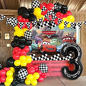Cars Backdrop Cartoon Cars Birthday Party Supplies 3rd Happy Birthday Backdrop Black White Grid Red Photo Backgrounds Baby Shower Decorations Banner 5x3FT