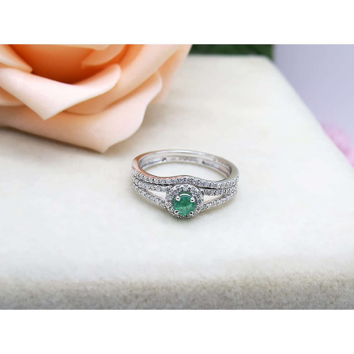 Dazzlingrock Collection 14K Round Emerald And White Diamond Bridal Halo Engagement Ring Wedding Band Set, White Gold, Size 6