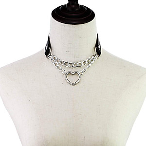 FM FM42 Pink PU Simulated Leather Gothic Punk Silver-tone Heart Ring Cuban Curb Link Chain Adjustable Neckband Collar Choker PN2401