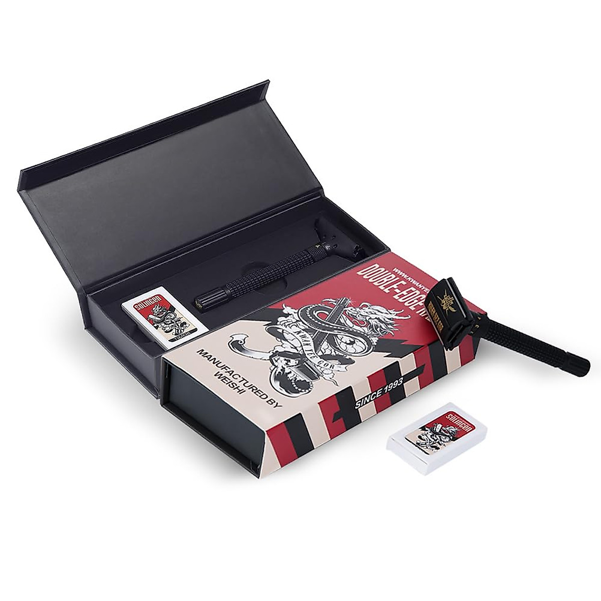 KWAN YEE GOR Adjustable Double Edge Safety Razor with 10pcs German Solingen Stainless Steel Blades,Butterfly Open with Long Handle for Men Black