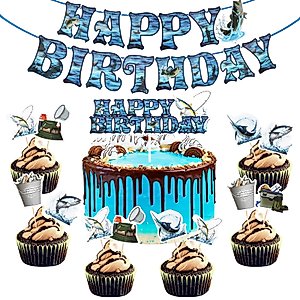 Geosar 50 Pcs Fish Happy Birthday Banner Gone Fishing Party Decorations Fisherman Cake Toppers Gone Fishing Party Supplies for Men Boys Fishing Themed Party