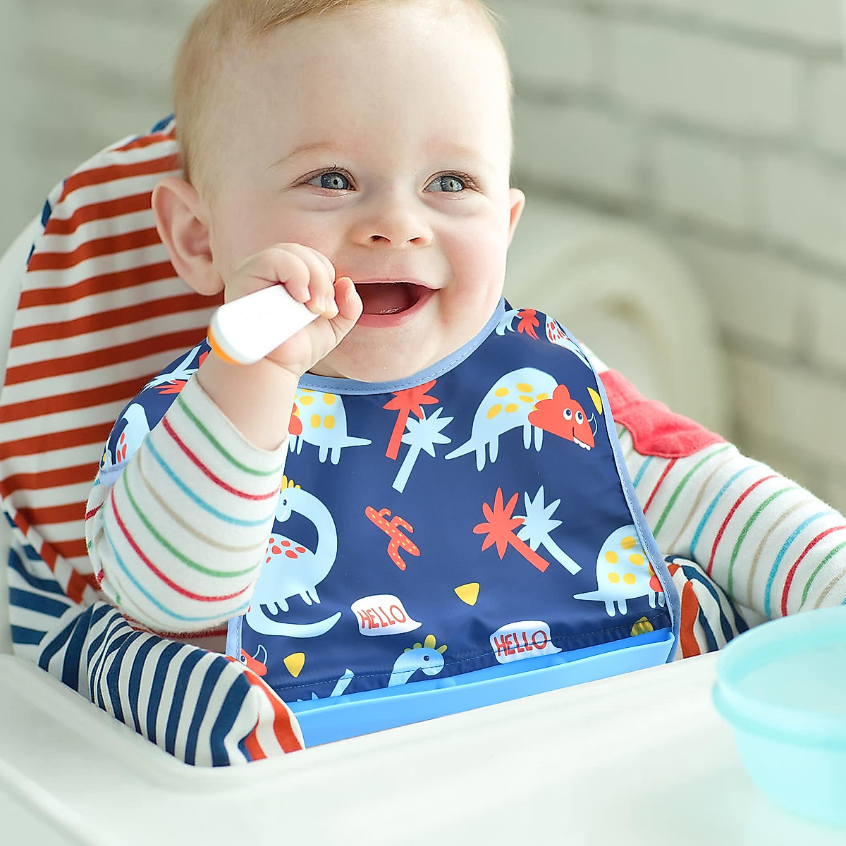 GAJIGAJI Waterproof Baby Bib with Silicone Food Catcher Pocket, Adjustable Feeding Bib Fit for 6-24 Month Toddlers (Leaves Green)