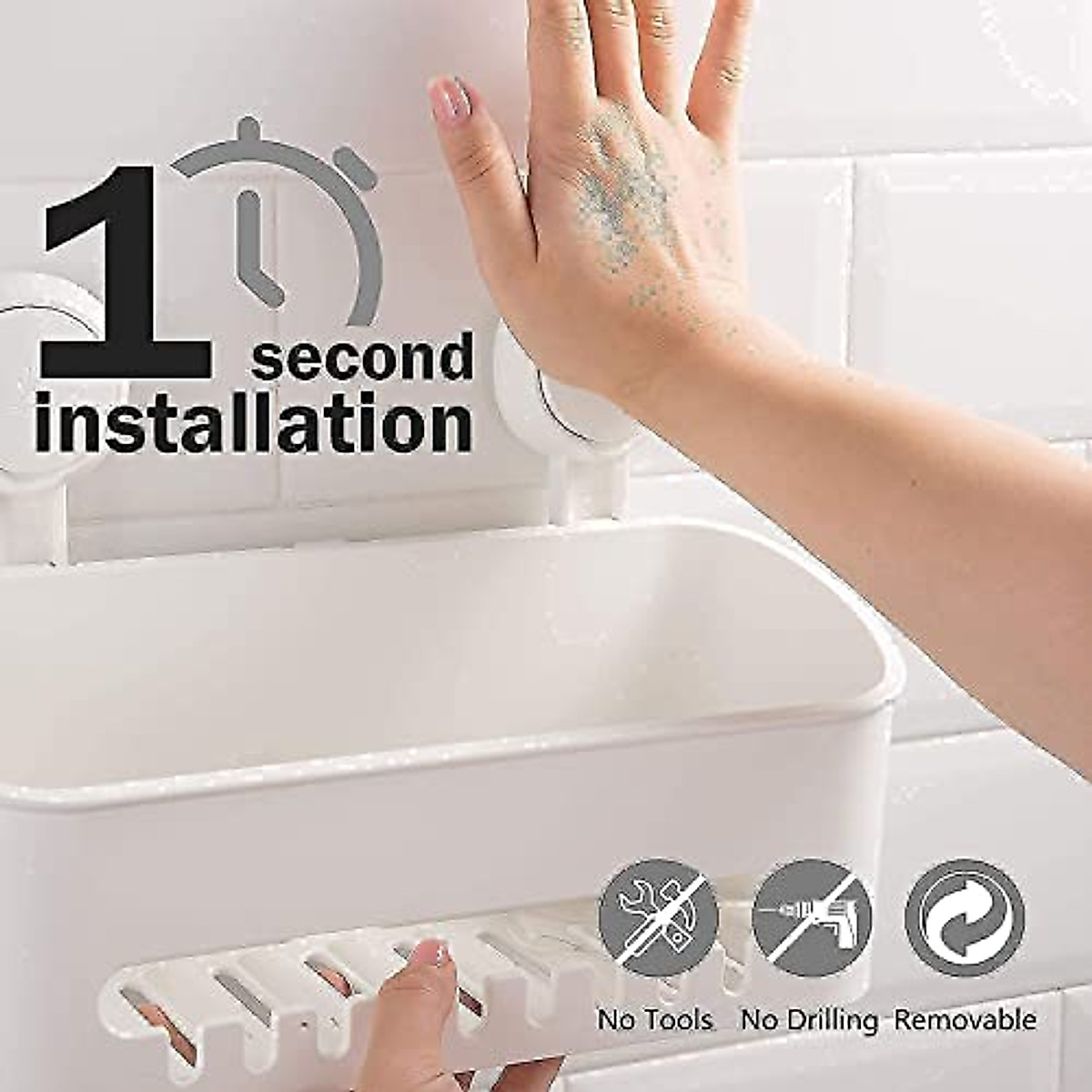 Shower Caddy Suction Cup Set Shower Shelf Shower Basket Shower Caddy with 4 Hooks One Second Installation NO-Drilling Removable Suction Shower Organizer Powerful Waterproof Bathroom Caddy Organizer