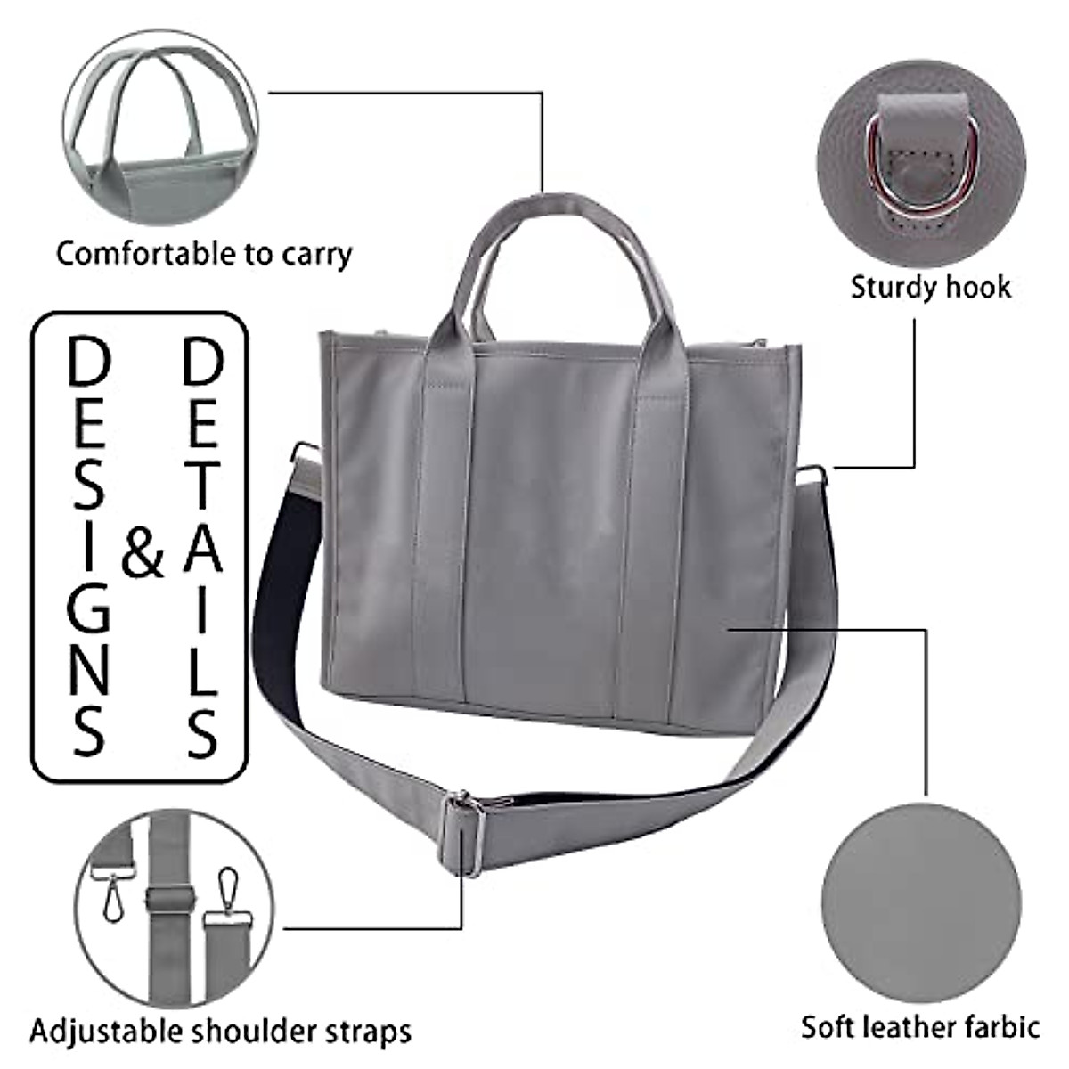 Tote Bag for Women, Leather Crossbody Bag, Handbag for travel, School and Party(Grey Medium)
