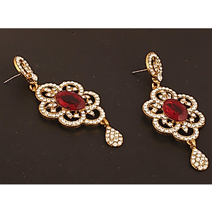 Touchstone Indian Bollywood Royal Handcrafted Style Statement Faux Ruby Red And White Rhinestones Pretty Stunning Designer Jewelry Long Chandelier Earrings In Antique Gold Tone For Women.