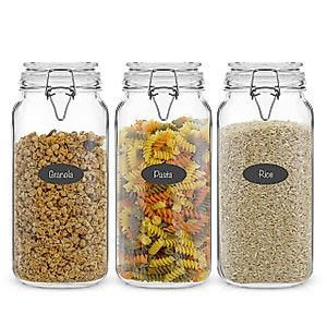Airtight Glass Jars with Lids Set of 3. 78oz Glass Jar with Lid and 6 Silicone Seals! Large Glass Food Storage Containers. Square Mason Jar, Candy Jar, Flour Jar, Pasta Containers for Pantry