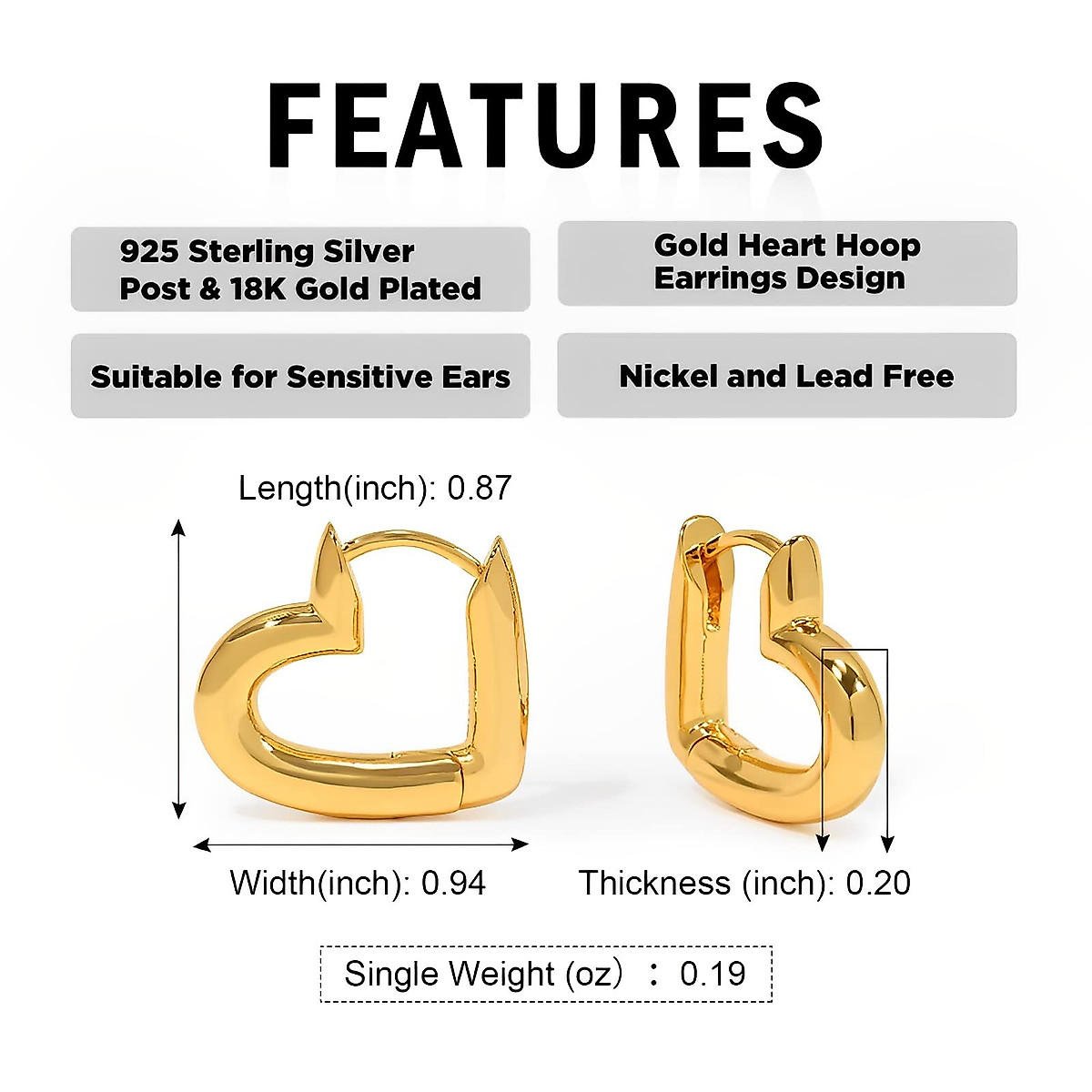 Gold Heart Hoop Earrings Chunky Thick 18K Gold Plated Trendy Huggie Earrings for Women Jewelry Gifts