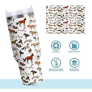 RPLIFE Horse Breeds White 40oz Tumbler with Handle, Stainless Steel Water Bottle with Straw, Tumblers for Women