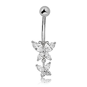 AVORA 10K White Gold Simulated Diamond CZ Double Butterfly Belly Button Ring Body Jewelry (14 Gauge)