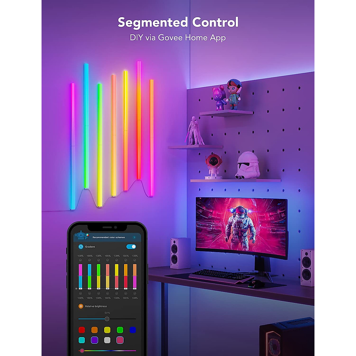 Govee Glide RGBIC Wall Lights, Music Wall Lights Works with Alexa and Google Assistant, Smart LED Light Bars for Bedroom, Living Room, Gaming Room, Party, Music Sync, 7 Panels Set (2 Sections/Panel)