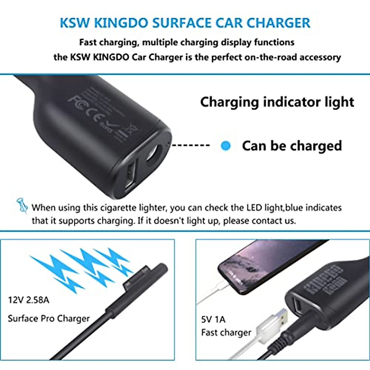 Surface Pro Car Charger Surface Laptop Car Charger, 36W 12V 2.58A Power Supply for Microsoft Surface Pro 3/4/5/6/Book/Go, Surface Laptop car Charger with USB 2.0 Port (5Ft Cord) Include Travel Case