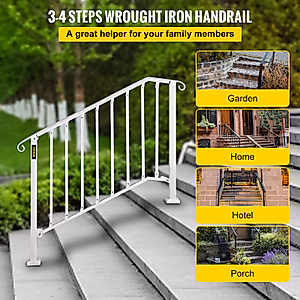 VEVOR Handrail for Outdoor Steps, 3-4 Steps White Fence Outdoor Handrail, Adjustable Metal Staircase Handrail, Thickened Stair Railings for Porch Railing, Deck Handrail