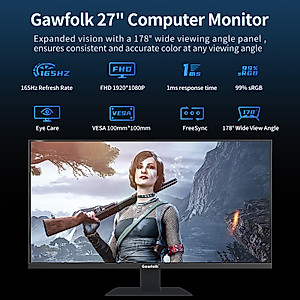 Gawfolk 27 Inch Gaming Monitor 144Hz/ 165Hz, Full HD 1080P Computer Monitors for Home Office, 1ms GTG with FreeSync, Low Motion Blur, sRGB 99%, VESA, Tilt Adjustable, Eye Care