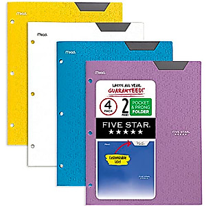 Five Star 2-Pocket Folder, Plastic Folders with Stay-Put Tabs, Fits 3-Ring Binder, Holds 8-1/2” x 11" Paper, Writable Label, Assorted Colors (38065), 4 Count (Pack of 1)