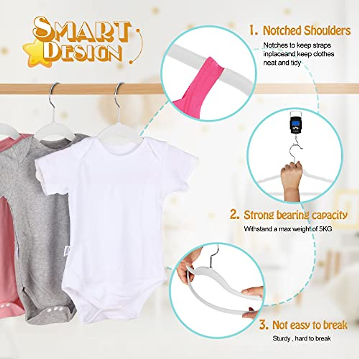 Tinfol Kids Velvet Hangers 60 Pack, White Non-Slip Toddler Hangers, Space Saving Felt Baby Hangers with 8 Velvet Hanger Clips for Children's Clothes, Newborn Clothes, Toddler Clothes