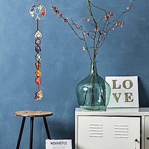 Handmade Crystal Window Car Hanging Ornaments 7 Chakra Home Decoration Feng Shui Ornament Yoga Meditation Car Decoration Tumbled Palm Stones (7 Chakras Tree)