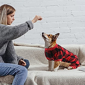 2 Pieces Christmas Dog Pajamas Red Plaid Buffalo Check Dog Sweaters Soft Fleece Pet Jumpsuit Costume Puppy Pajama Onesie Clothes Warm Winter Dog Outfits for Small Medium Sized Dogs Cats