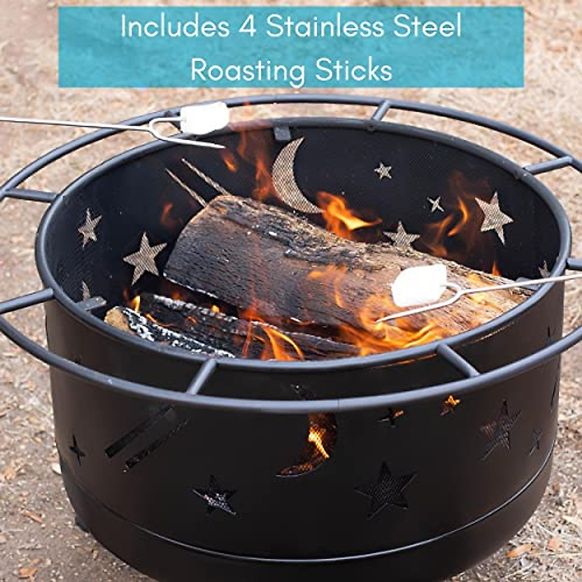 BIRDROCK HOME 30" Round Patio Fire Pit with Cover - Stars & Moon Pattern - 30 - Outdoor Backyard Lawn Garden - Light Weight Metal Fire Ring - 4 Roasting Sticks - Lid Lift Tool and Fire Poker