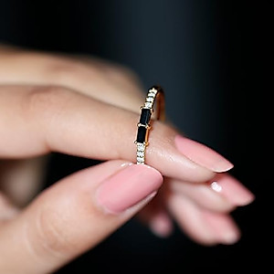 Natural Black Onyx Diamond Promise Ring For Women, Certified Onyx Stackable Ring, AAA Quality - With Jewelry Box, 14K Yellow Gold, Size:US 7.00