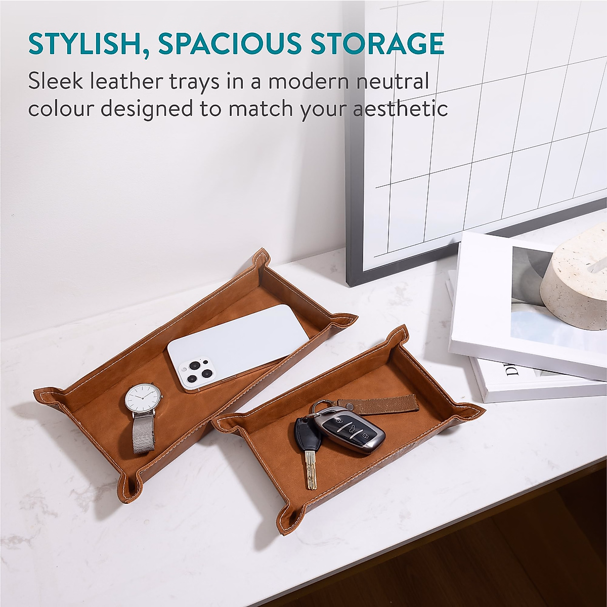 Navaris Faux Leather Valet Tray Set of 2, Catch All Tray, Key Tray for Entryway Table, Nightstand Tray, Catchall for Keys, Watch, Remote, Phone, Valet Tray for Men, Mens Valet Tray