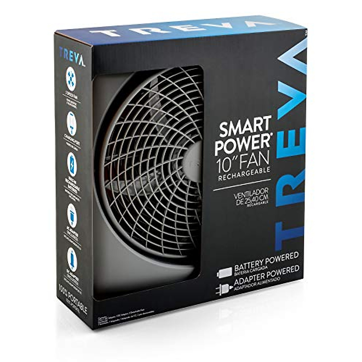 Treva 10 inch Rechargeable Portable Fan Smart Power Air Circulator. Plug-In AC Adapter and Battery Powered, USB Charging Port, For Camping Travel and Indoors Use
