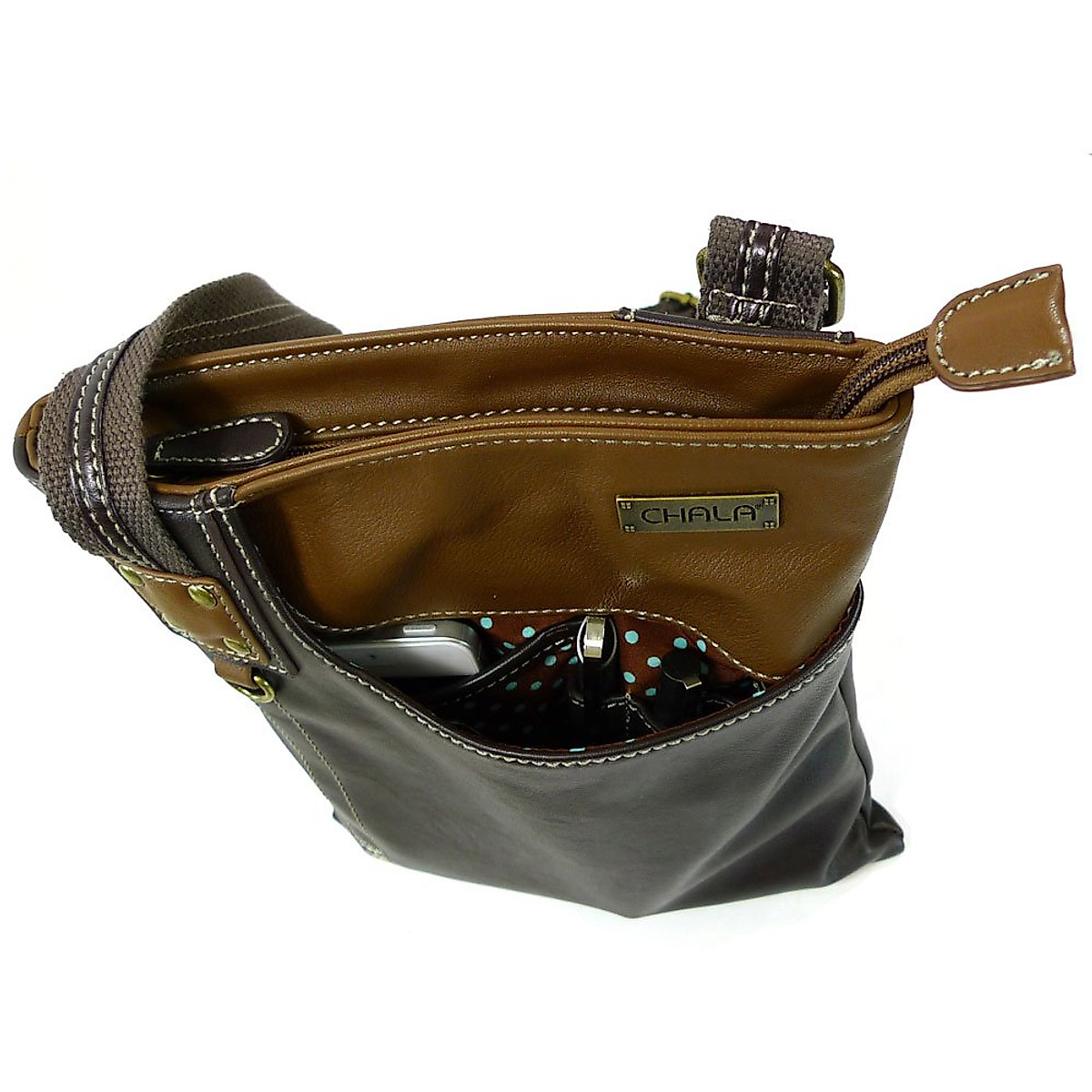 CHALA Handbag Xbody Swing Bag, Crossbody Swing Bag, FAUX Leather, 2 Tone (Owl, Teal/Black)