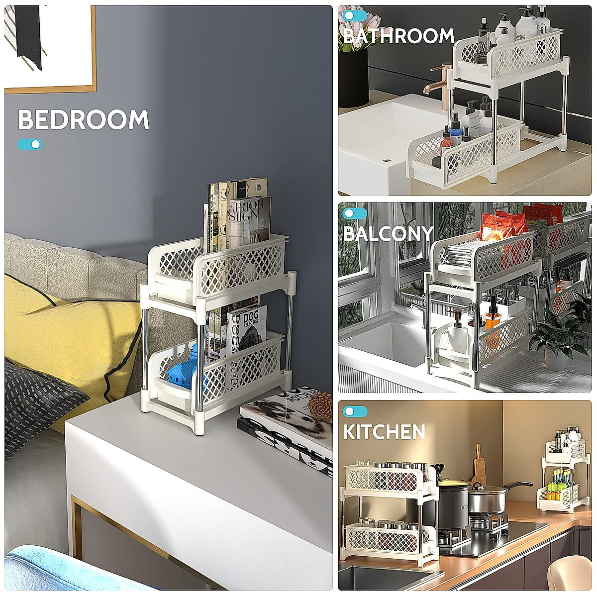 Under Sink Organizers and Storage,2 Tier Pull Out Bathroom Sink Organizer, Sliding Cabinet Basket Organizer with 4 Hooks,2 Hanging Cups, Under Sink Storage for Bathroom, Kitchen, Cleaning Supplies.