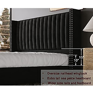 Jocisland Bed Frame King Size Upholstered Bed Wingback Headborad Velvet Channel Tufted/No Box Spring Needed/Black