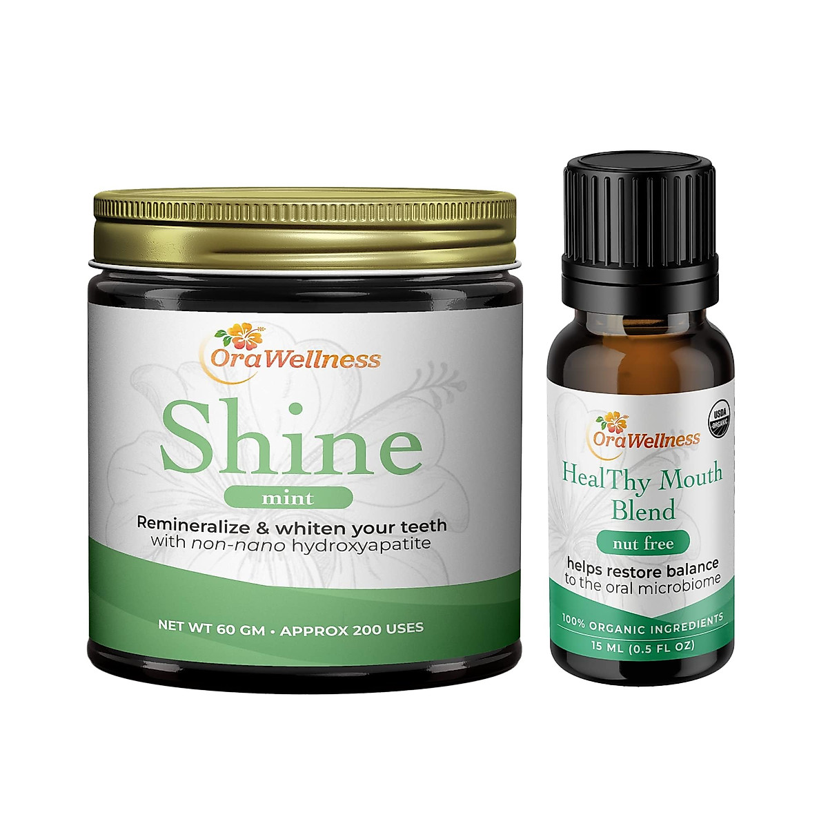 OraWellness Shine Remineralizing Natural Teeth Whitening Powder in Mint + Nut Free Healthy Mouth Blend Organic Toothpaste & Mouthwash Alternative Tooth Oil