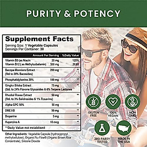 Whole Nature Brain Booster Nootropics - Brain Shield with Ginkgo Biloba, Alpha GPC and Bacopa Monnieri, Vitamin B12, B3 - Support Focus, Memory & Clarity, Energy & Stress Relief. (1)