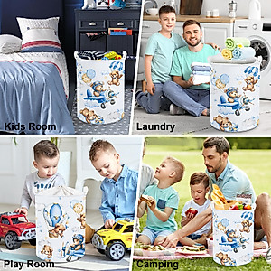Clastyle 45L Large Blue Bear Pilot Kid Boy Girl Laundry Hamper with Handle Collapsible Balloon Clothes Toy Storage Basket with Lid for Nursery