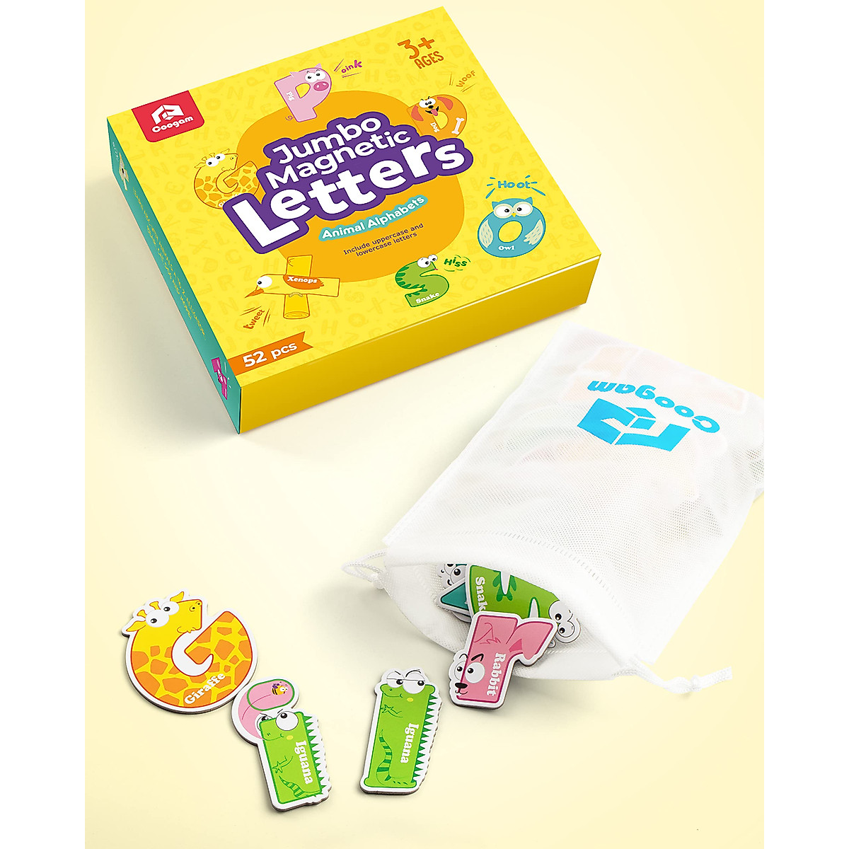 Coogam Jumbo Magnetic Letters Set 52Pcs ABC Alphabet Colorful A-Z Animal Uppercase Lowercase Fridge Magnets Preschool Educational Toy Learning Spelling for 3 4 5 Year Old Toddler Kids