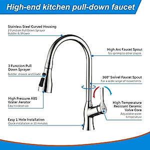 Fulgutonit Pull Out Kitchen Faucet, High Arc Single Handle Kitchen Sink Faucet with 3 Modes Pull Down Sprayer, Kitchen Sink Faucet for Bar Laundry RV Utility Sink, Chrome