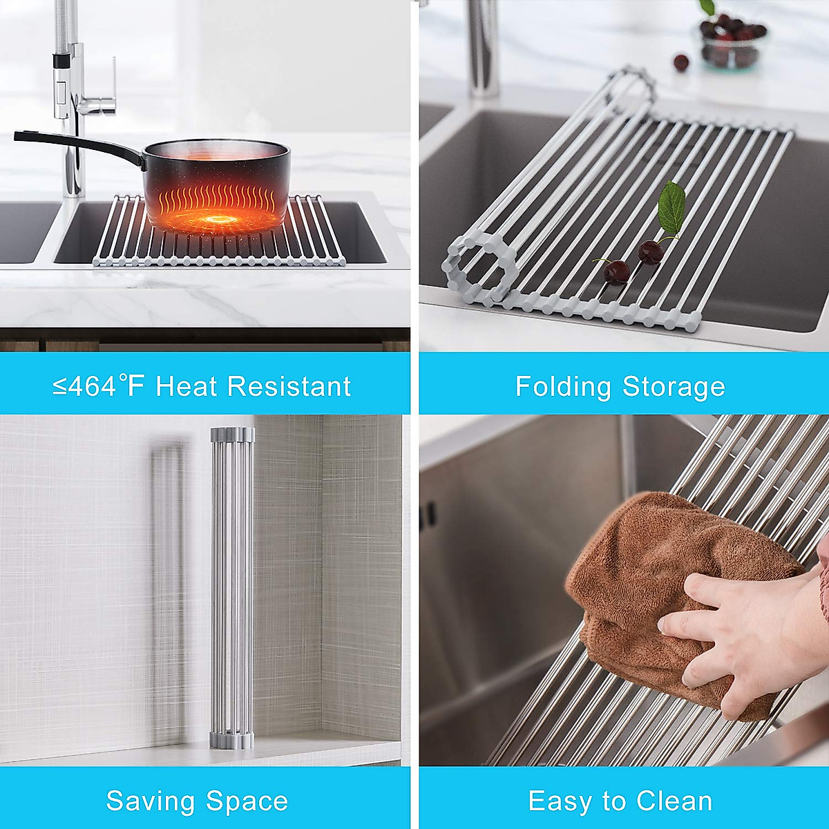 SunCleanse 17.8"×11.8" Roll-Up Dish Drying Rack, Over Sink Dish Drying Rack Drainer, Multi-Use Stainless Steel Foldable Dish Rack for Kitchen Sink Countertop, Grey