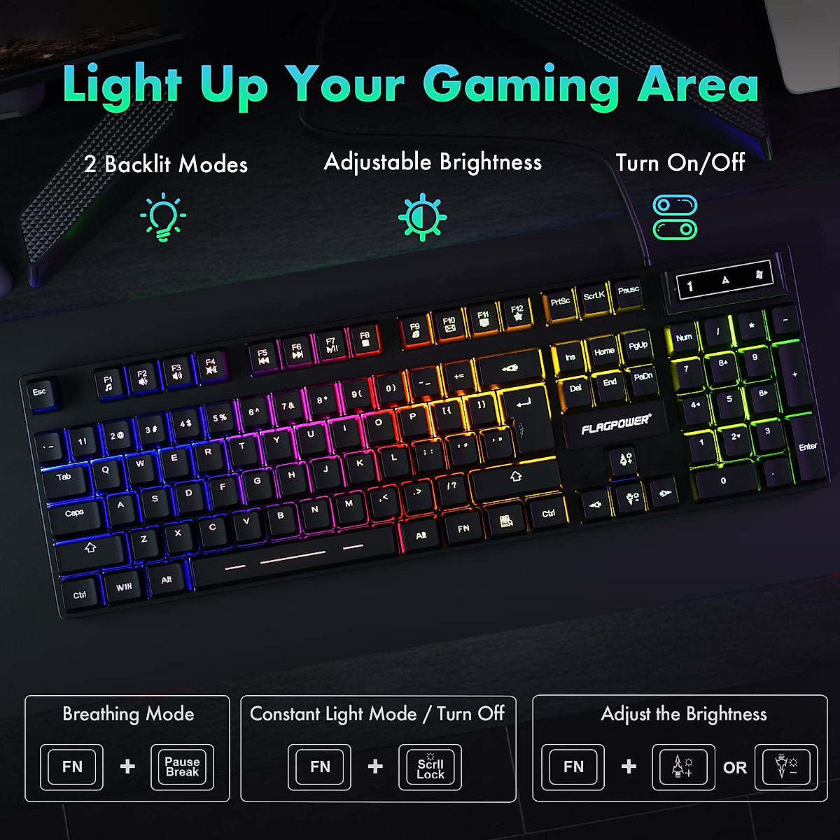 FLAGPOWER RGB Gaming Keyboard and Breathing Mouse Combo, Adjutable Breathing Backlit Mechanical Feeling Keyboard with 4 Colors 4800DPI Backlight Mouse for PC Laptop Computer Game and Work