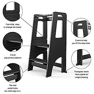 MOAMUN Wooden Step Stool for Kids, Adjustable Height Toddler Learning Helper Tower with Handle, Solid Wood Step Stool for Kitchen,Bathroom,Bedroom (Black)