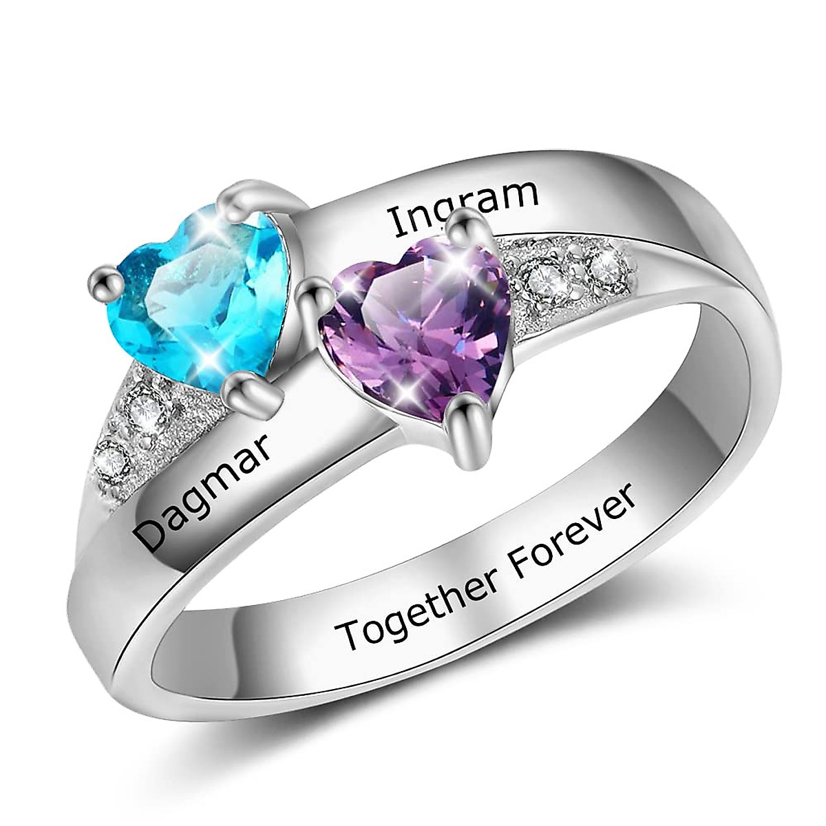 OPALSTOCK Personalized 2 Heart Birthstone Rings for Women Custom 2 Names Mother Rings for Mom Mother's Day Gifts Promise Rings for Her Engagement Rings for Women (6)