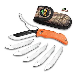 OUTDOOR EDGE RazorPro - Double Blade Folding Hunting Knife with Replaceable Razor Blade, Gutting Blade and Camo Nylon Sheath (Orange, 6 Blades)