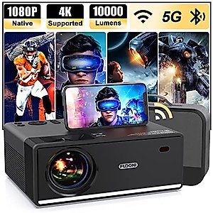 Projector with 120“ Projector Screen, Projector with WiFi and Bluetooth, Outdoor Projector with Portable Projector Screen, FUDONI Movie Projector Compatible w/iOS/Android/Win/PS5, Black