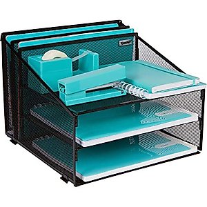 Office Desk Organizer Metal Mesh with 3 Paper Trays and 2 Vertical Upright Sections, Desktop File Holder for Letter Size A4, Folders, Stationary, and Desk Accessories