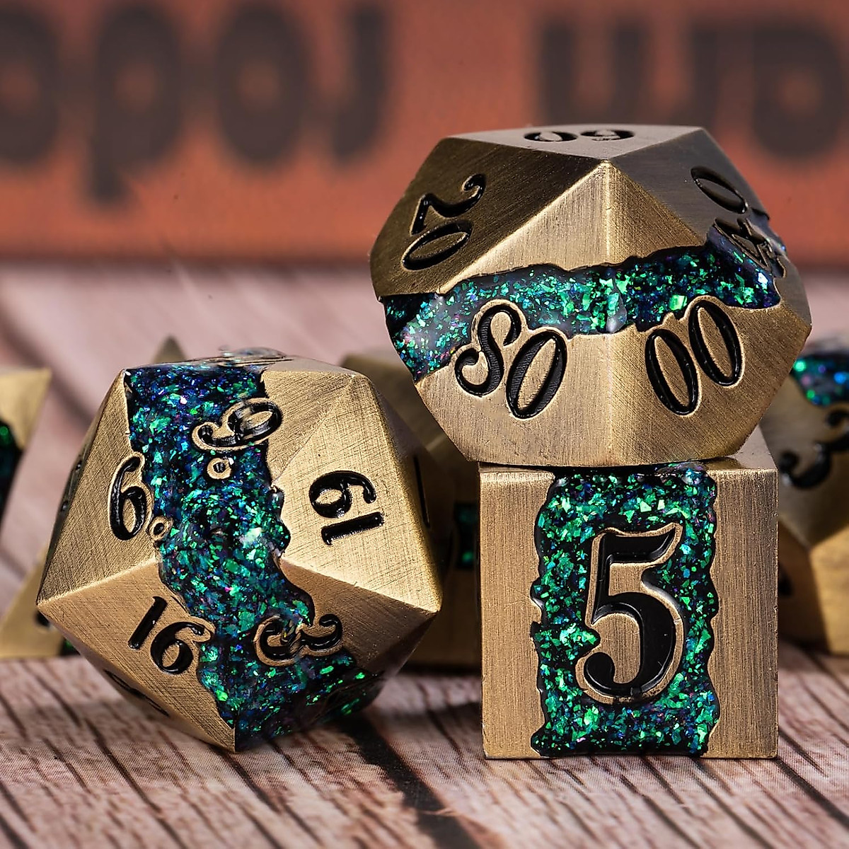 Maywin Metal RPG Dice Set,Mica Glitter Stripe Dice DND,Antique Bronze Dice 7pcs Set for Dungeons and Dragons