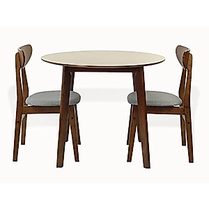 Set of 3 Dining Kitchen Round Table and 2 Yumiko Side Chairs Solid Wood w/Padded Seat Medium Brown
