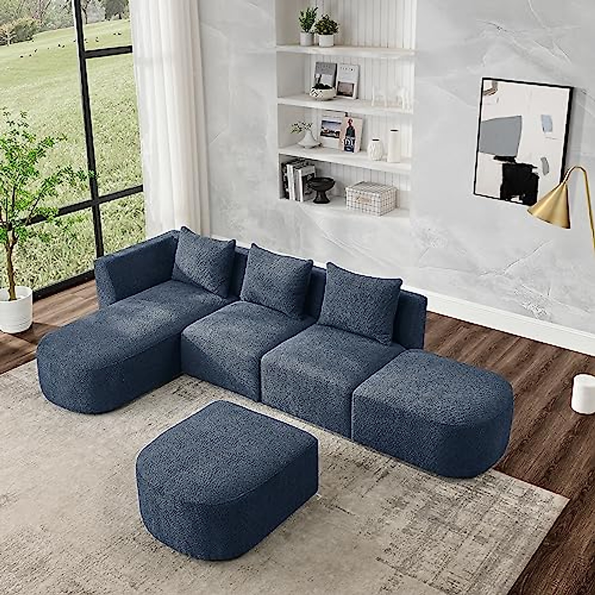 L-Shaped Comfy Cute Sectional Sofa Couch DIY Combination w/3 Single Seats and Movable Ottoman, Modern Convertible Modular Sofa&Couch Cloud Deep Seater Sofá