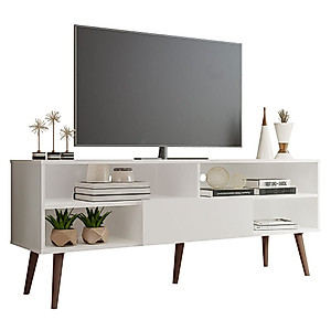 Madesa Modern TV Stand with 1 Door and 4 Shelves with Cable Management for 55, 65 Inch Media Storage Media Console Living Room and Bedroom Entertainment Center Wooden Television Cabinet - White