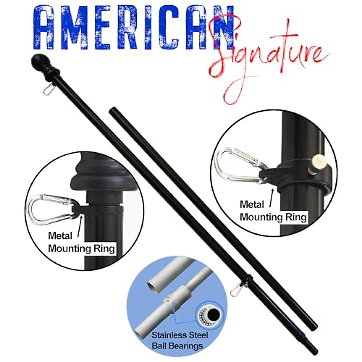 American flag and pole kit set: Includes a 3x5 ft US flag made in USA, 6 ft aluminum tangle free spinning flag pole with carabiners, and flagpole holder wall mount bracket (Black)