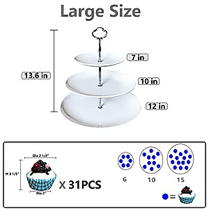 3 Tier Serving Tray,White Cupcake Stand,Cake Stand,Three Tiered Dessert Pastry Stand,Fruit Tea Party Stand(Melamine Material,Large Size.Silver Rod) with A Table Number Holder