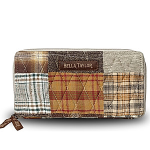 Bella Taylor Slim Card Wallet for Women | Multi Card Zip Around Wallet with RFID Protection | Quilted Cotton Rory Tan and Brown Patchwork